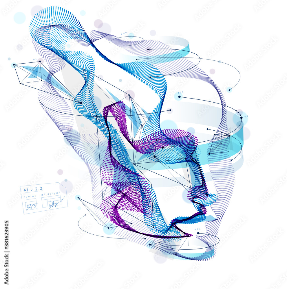 Abstract artistic human head portrait made of dotted particles array ...