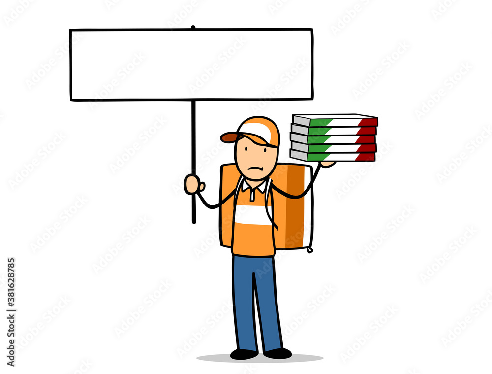 Lieferant von Essen Lieferservice ist unzufrieden und hält Schild hoch Stock Illustration ...