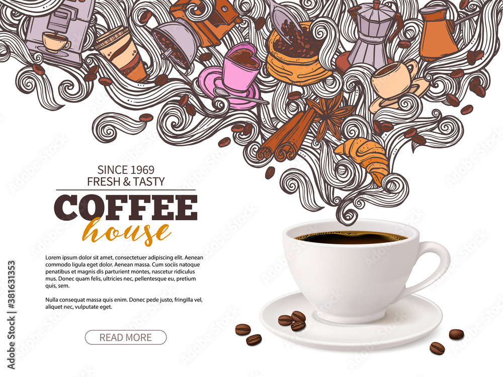 Coffee advertising poster design with 3d coffee cup and hand drawn ...