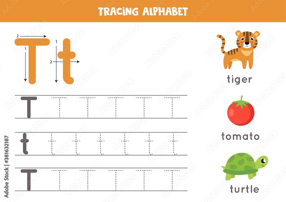 Handwriting practice with alphabet letter. Tracing T. Stock Vector ...