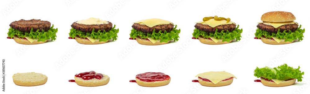 Stages of cooking burger process. Making fast food isolated on white ...