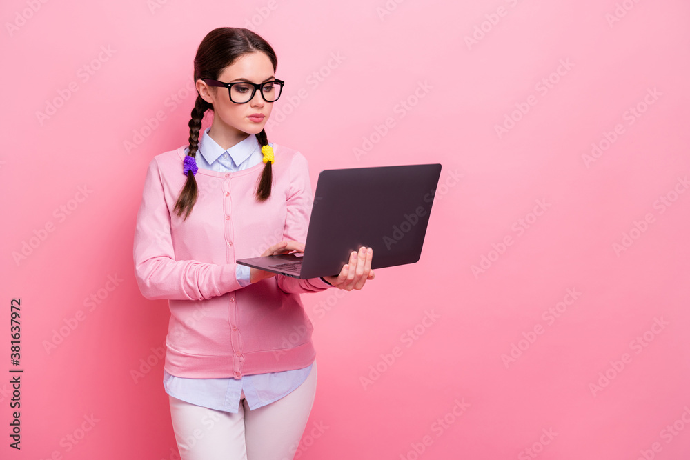 Profile photo of attractive student lady hold computer notebook hands ...