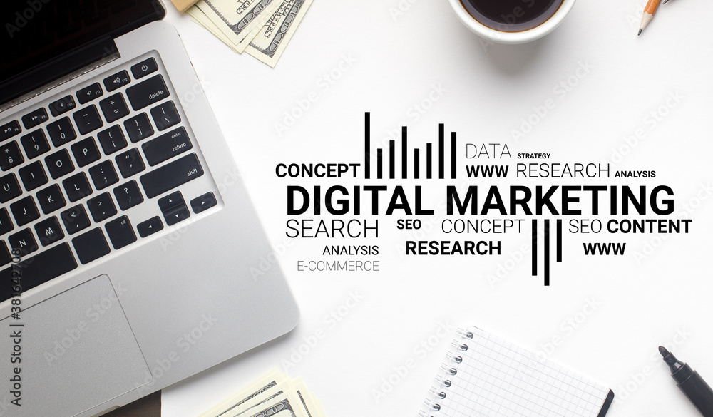 Digital Marketing Wordcloud Over White Office Desk Background With ...