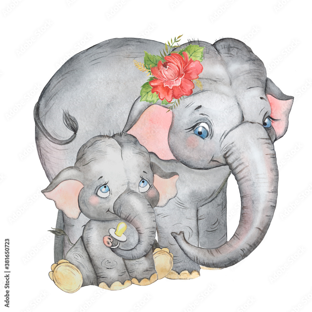 Watercolor illustration of cartoon mother elephant and her baby ...