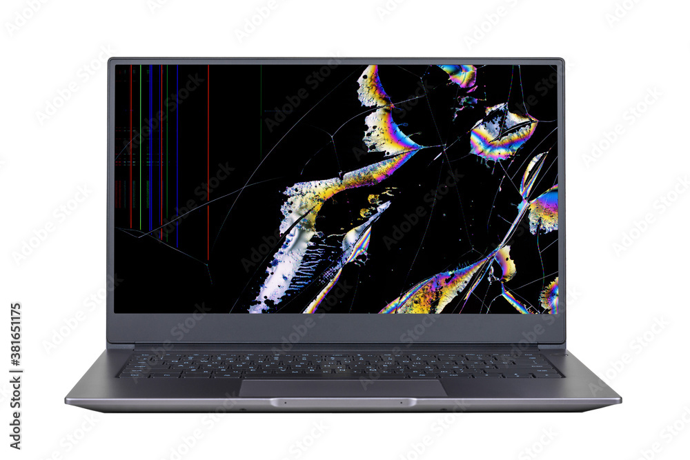 laptop with a broken screen in color spots and cracks isolated on white ...
