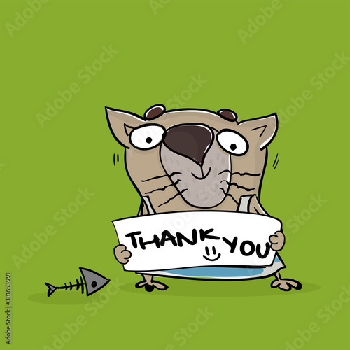 Cat Character design holding card with text thank you. Hand drawn text ...