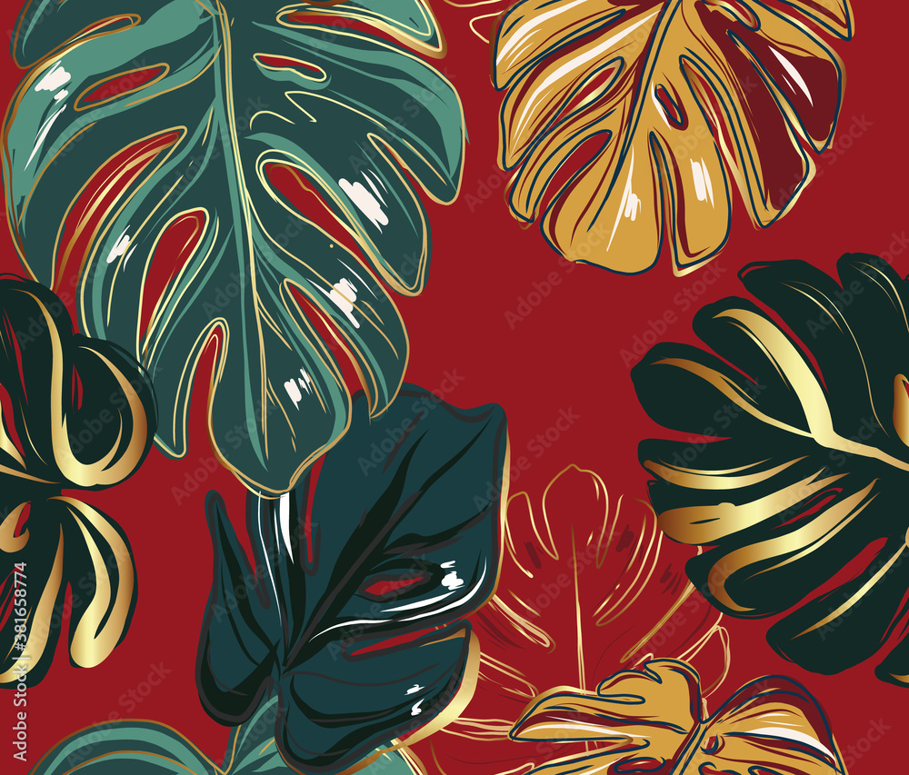 Monstera leaves greenery gold luxury seamless background. Red wallpaper ...