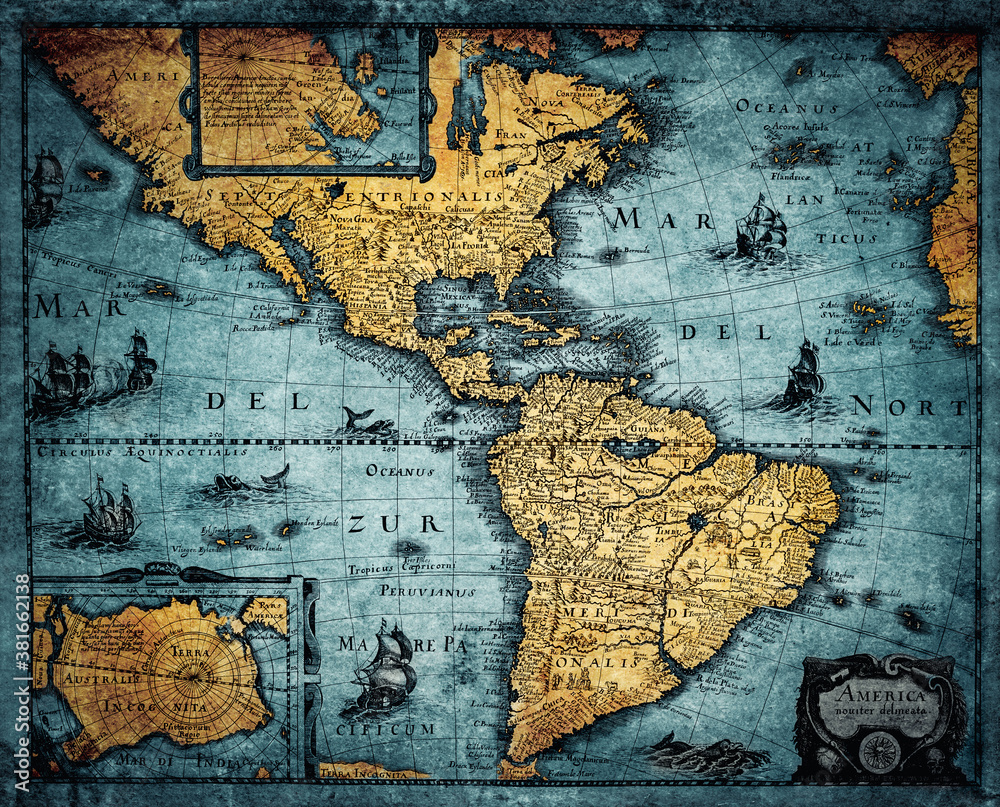 Old geographic map of South and North America. Concept on the theme of ...
