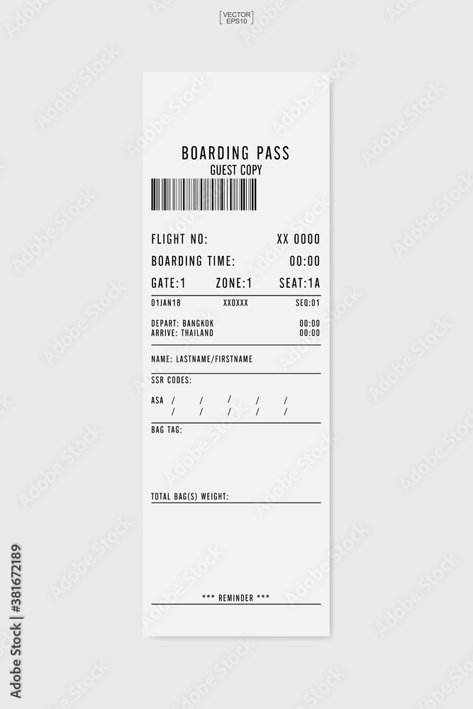 Airline boarding pass ticket. White boarding pass paper sheet. Vector ...