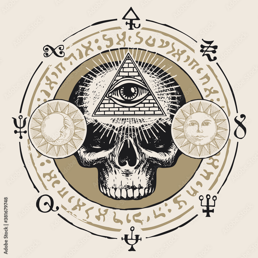 Illustration with a human skull and an all-seeing eye. Hand-drawn ...
