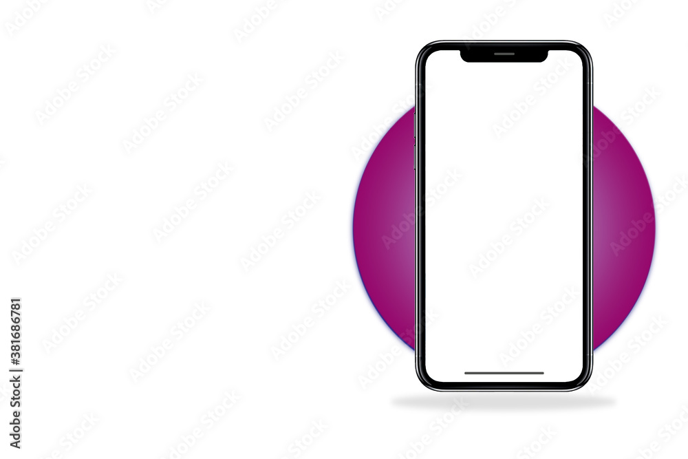 Mobile phone with round edges in Black color, with blank white screen ...