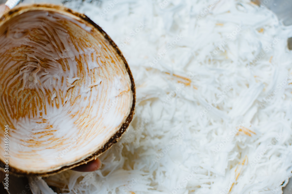 Empty young coconut shell and coconut grater on natural white shredded ...