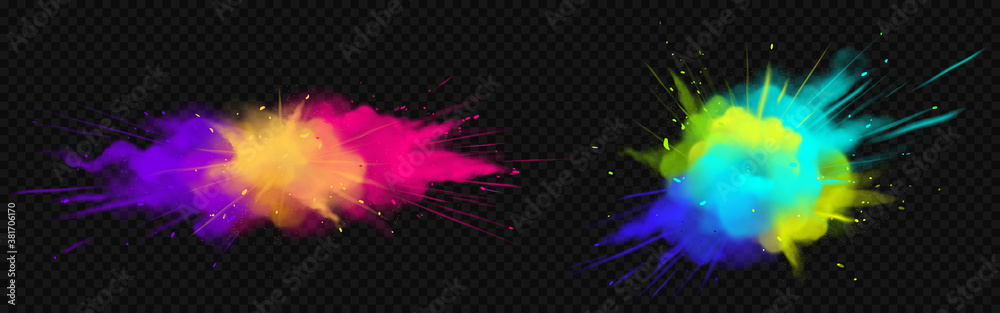Color powder explosions isolated on transparent background. Splash of ...