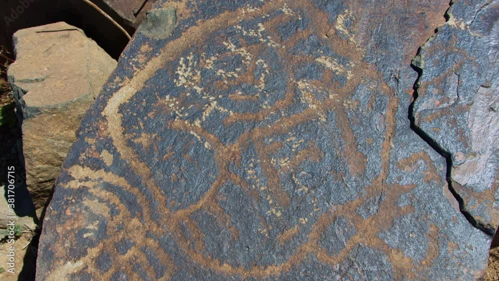 Neolithic ancient carvings (drawing) on black stone. Deer and mountain ...