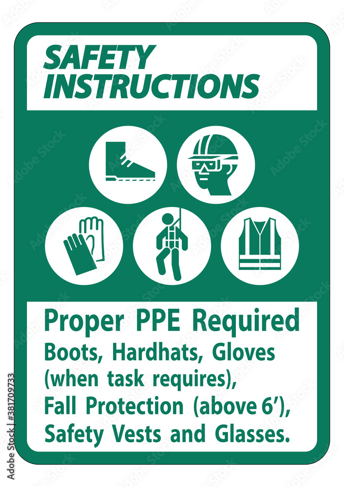Safety Instructions Sign Proper PPE Required Boots, Hardhats, Gloves ...