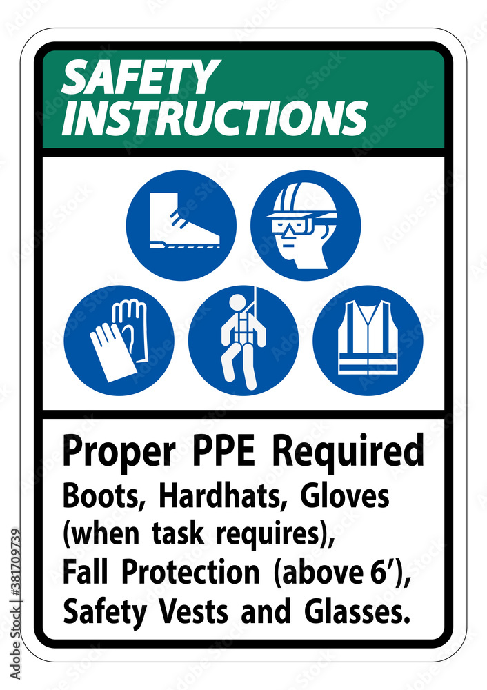Safety Instructions Sign Proper PPE Required Boots, Hardhats, Gloves ...