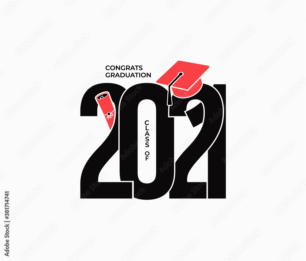 Class and graduates of 2021 with a graduation red cap. Logo for design ...