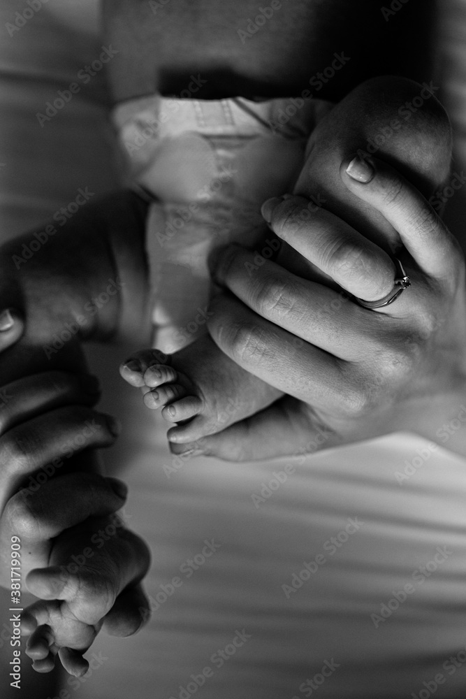 Portrait of adorable little legs with tiny fingers, of lovely newborn ...