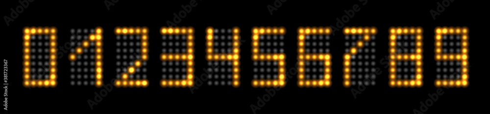 LED numbers with gold neon glowing light effect. Set of realistic ...