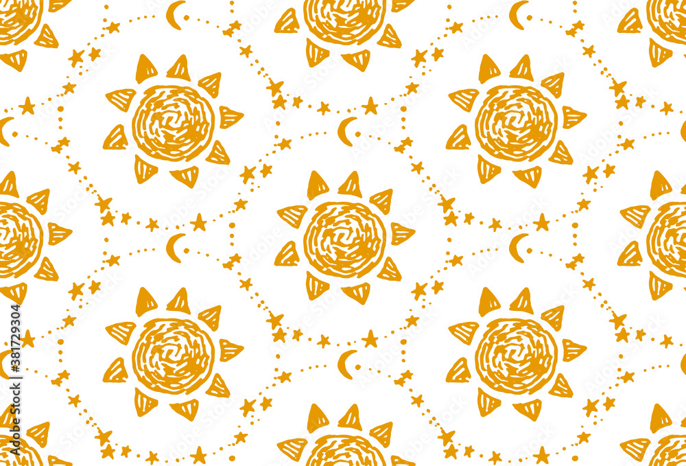 Hand drawn graphic seamless texture with sun and stars and moon ...