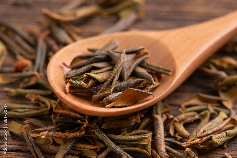 Sagan daila tea leaves close up. Sagan daila tea leaves in a spoon ...