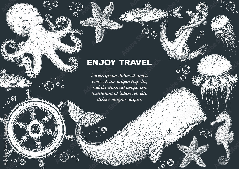 Sea animals hand drawn collection. Sketch illustration. Сachalot ...