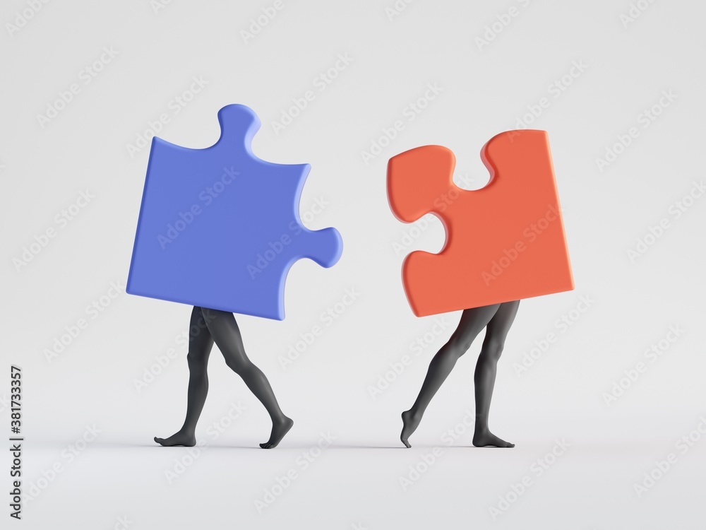 3d render. Couple of abstract puzzle pieces with mannequin legs ...
