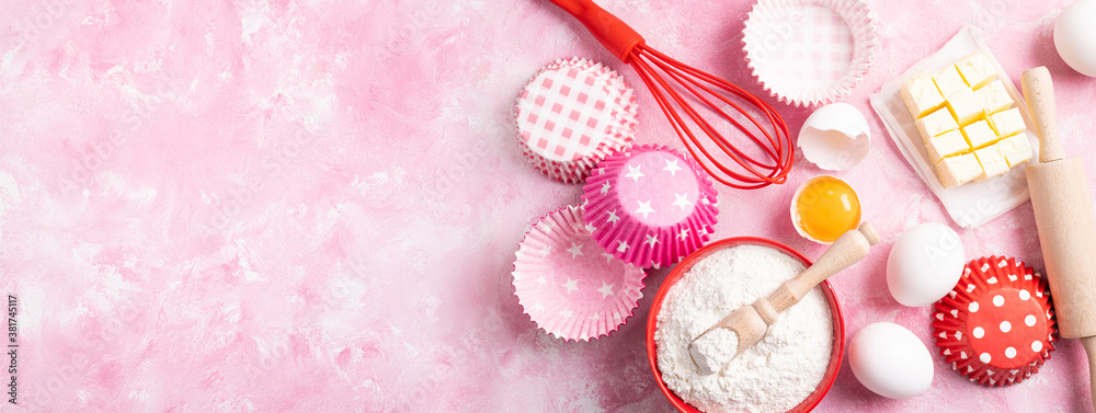 Baking background. Food ingredients for baking flour, eggs, sugar on ...
