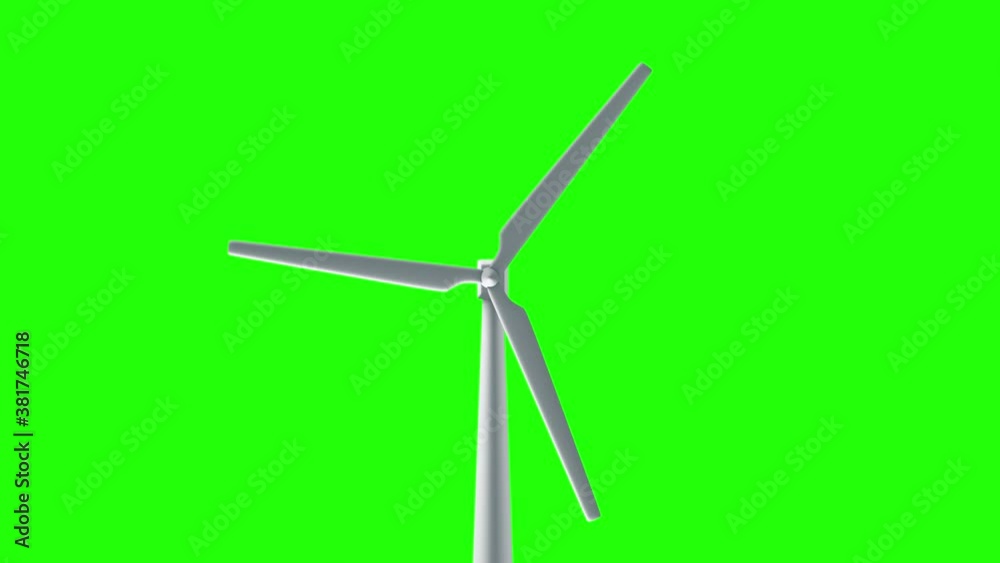 Close up of white wind turbine rotating motion on isolated green screen ...
