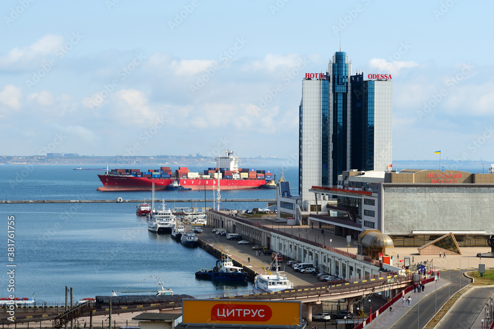 ODESA, UKRAINE - SEPTEMBER 25: The container ship is in Odesa port on ...