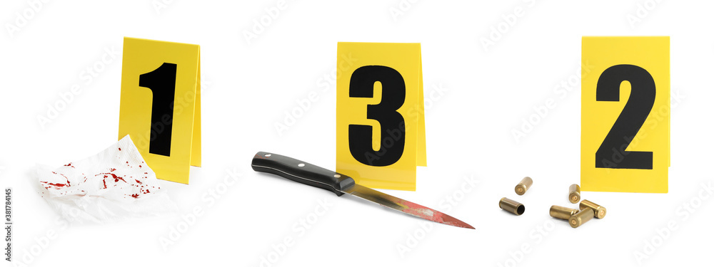 Crime scene investigation. Set of evidence identification markers and ...