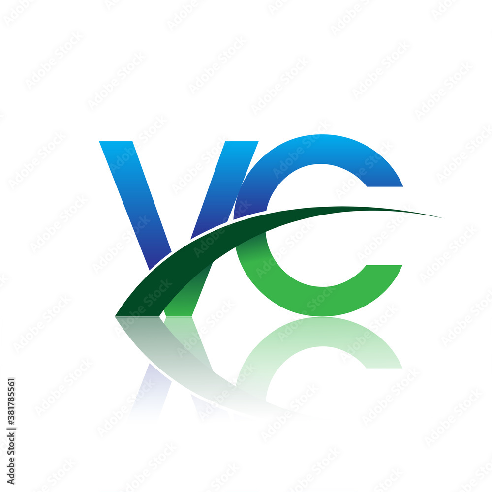 initial letter VC logotype company name colored blue and green swoosh ...