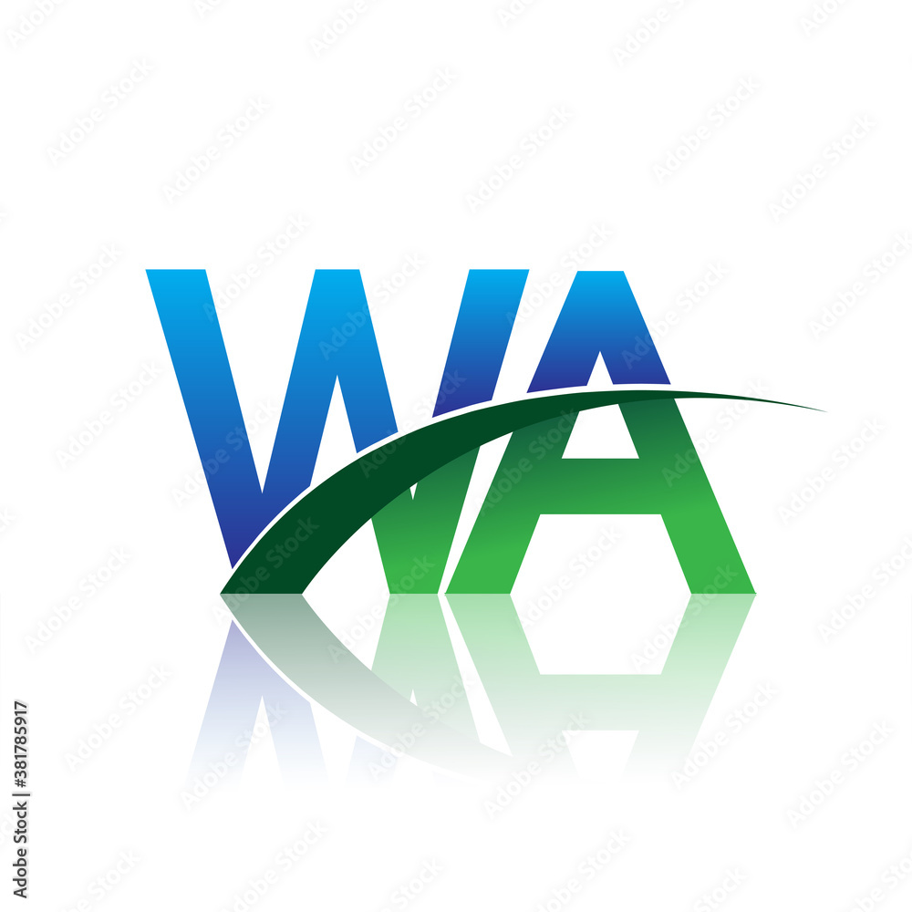 initial letter WA logotype company name colored blue and green swoosh ...