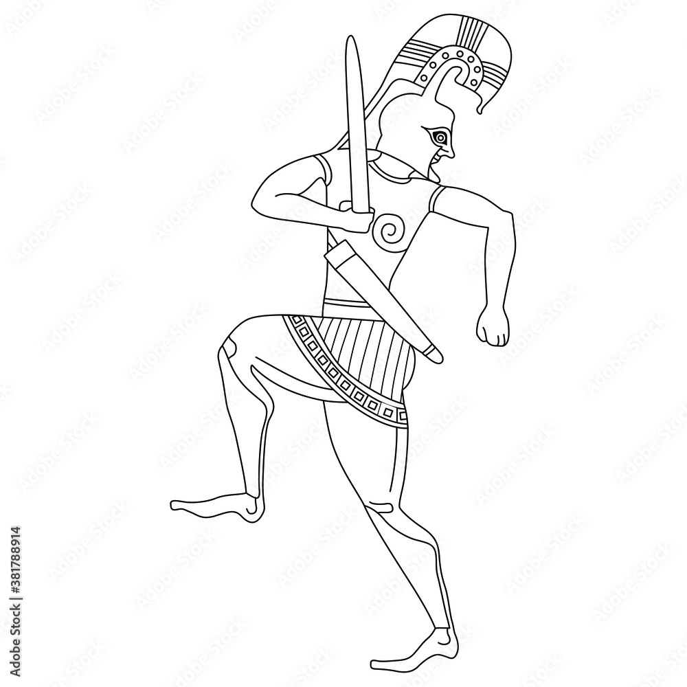 Marching ancient Greek warrior with sword and in helmet. Black and ...