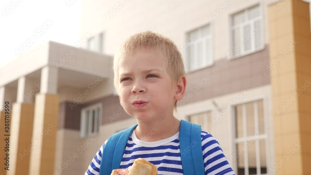 Vidéo Stock schoolboy eating a sandwich during recess in school. kids ...