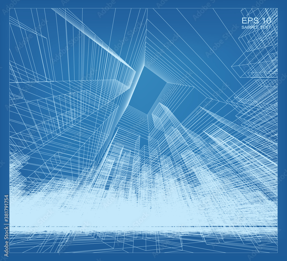 Abstract matrix wireframe space of building. Perspective wireframe ...