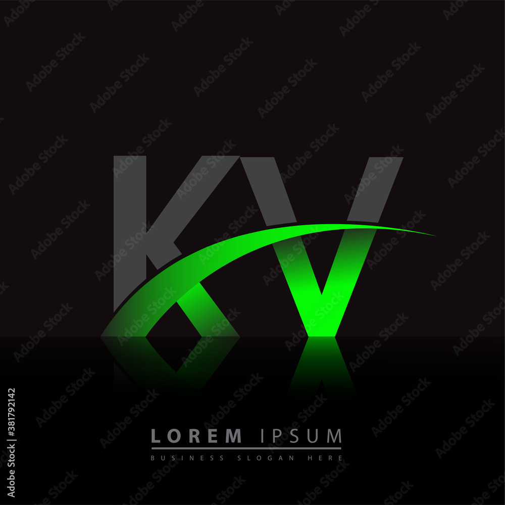 initial letter KV logotype company name colored green and black swoosh ...