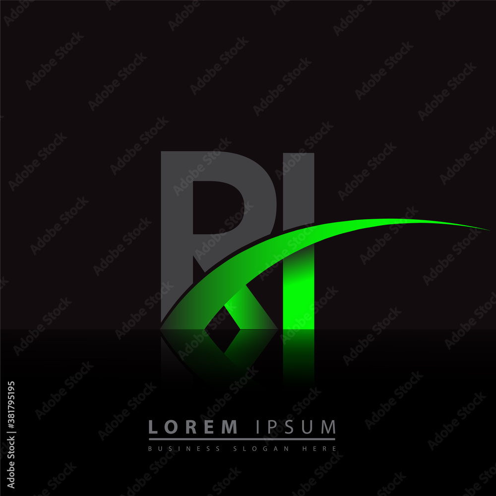 initial letter RI logotype company name colored green and black swoosh ...