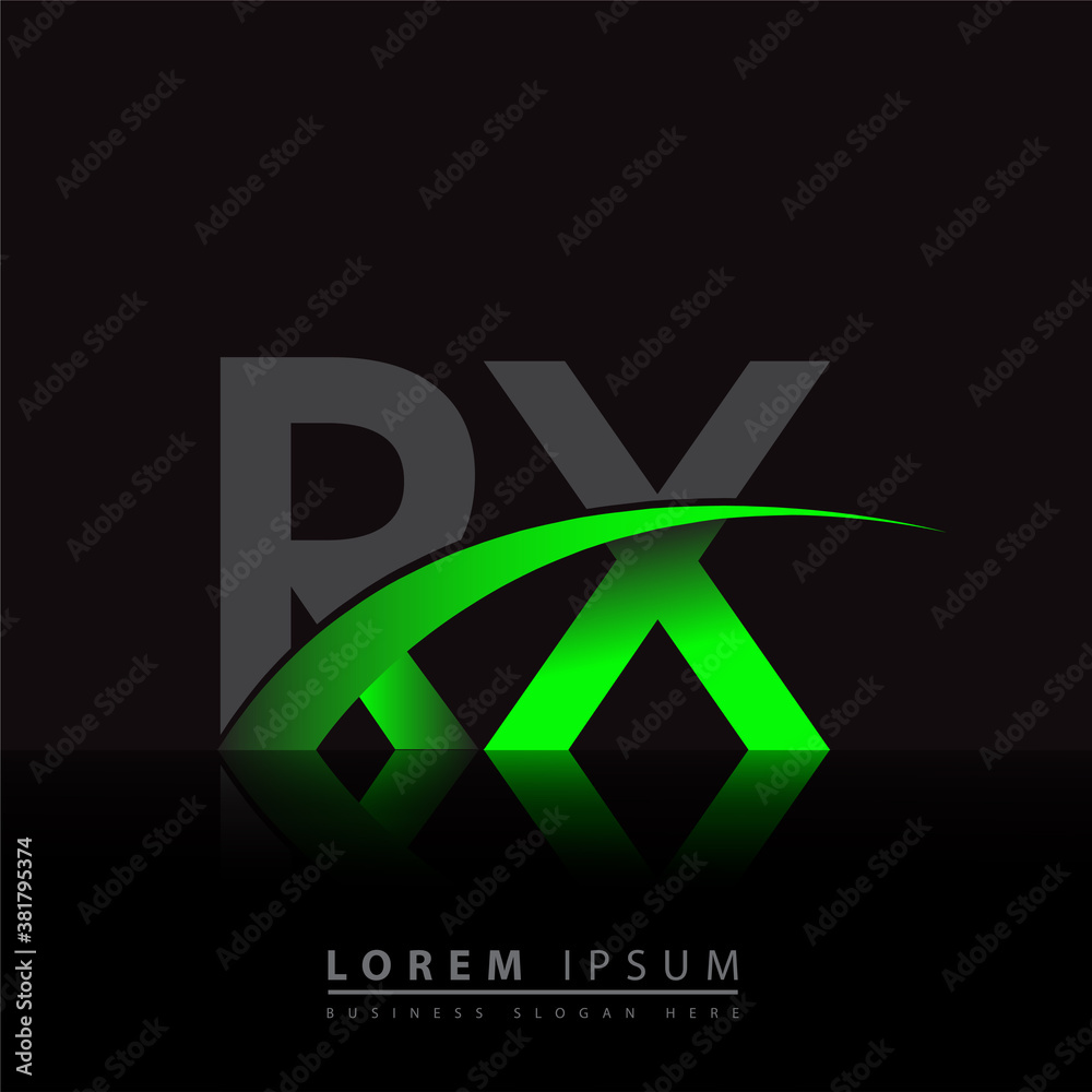 initial letter RX logotype company name colored green and black swoosh ...