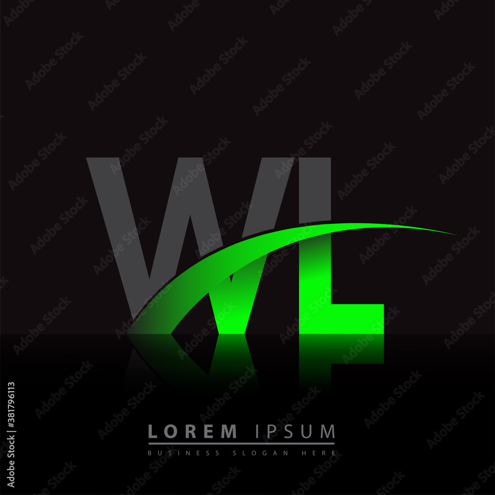 initial letter WL logotype company name colored green and black swoosh ...