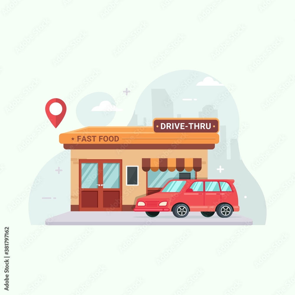 Drive thru fast food restaurant vector cartoon illustration Stock ...