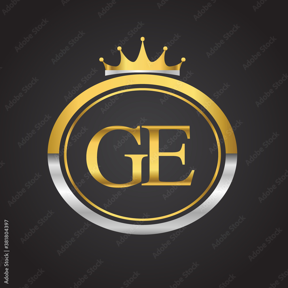 initial letter GE logotype company name with oval shape and crown, gold ...
