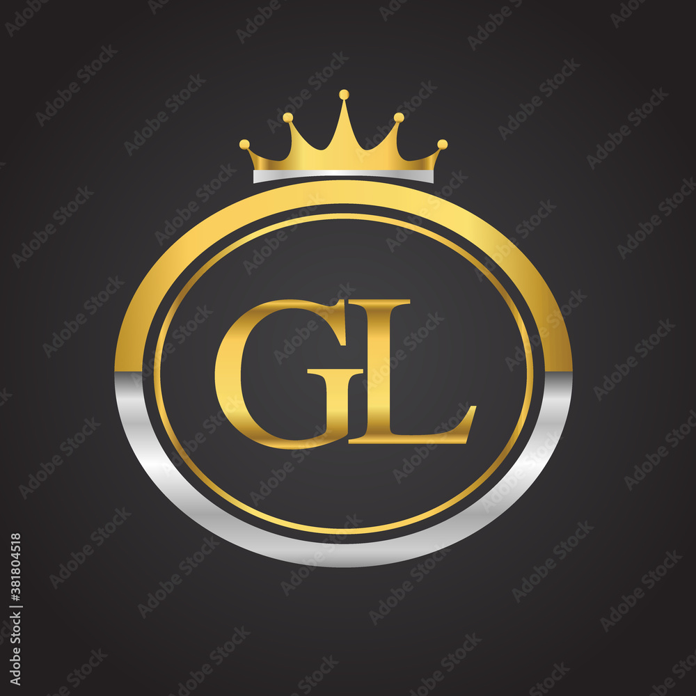 initial letter GL logotype company name with oval shape and crown, gold ...