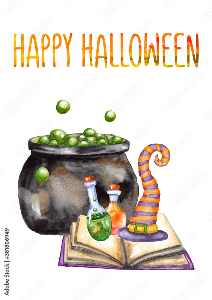 Watercolor Halloween card: witch's cauldron, magic potions, book of ...