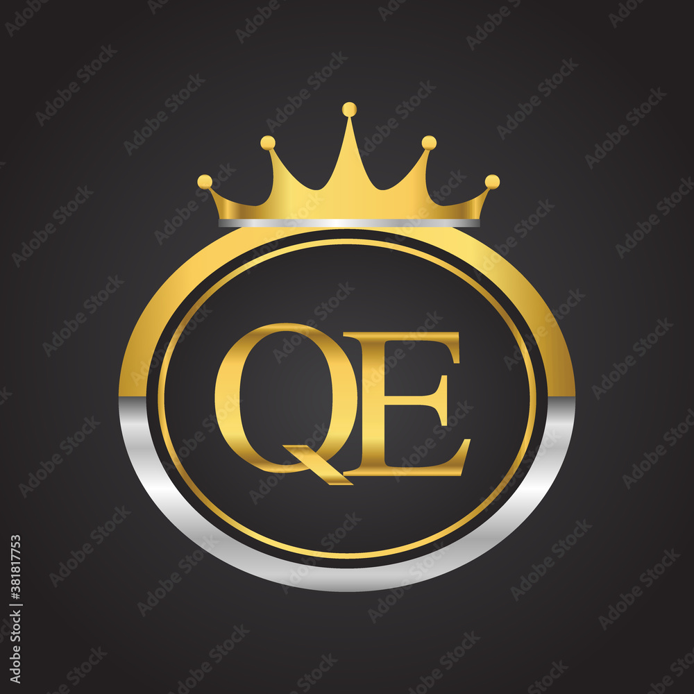 initial letter QE logotype company name with oval shape and crown, gold ...