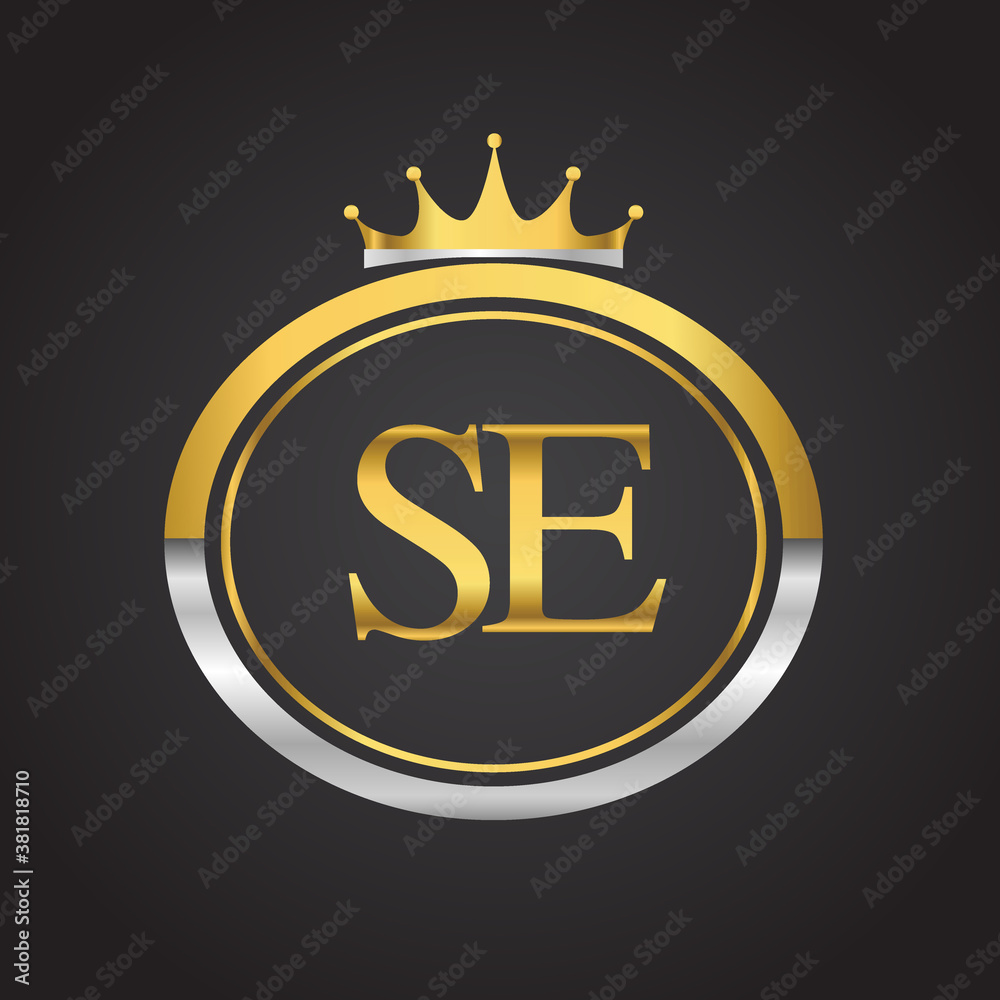 initial letter SE logotype company name with oval shape and crown, gold ...