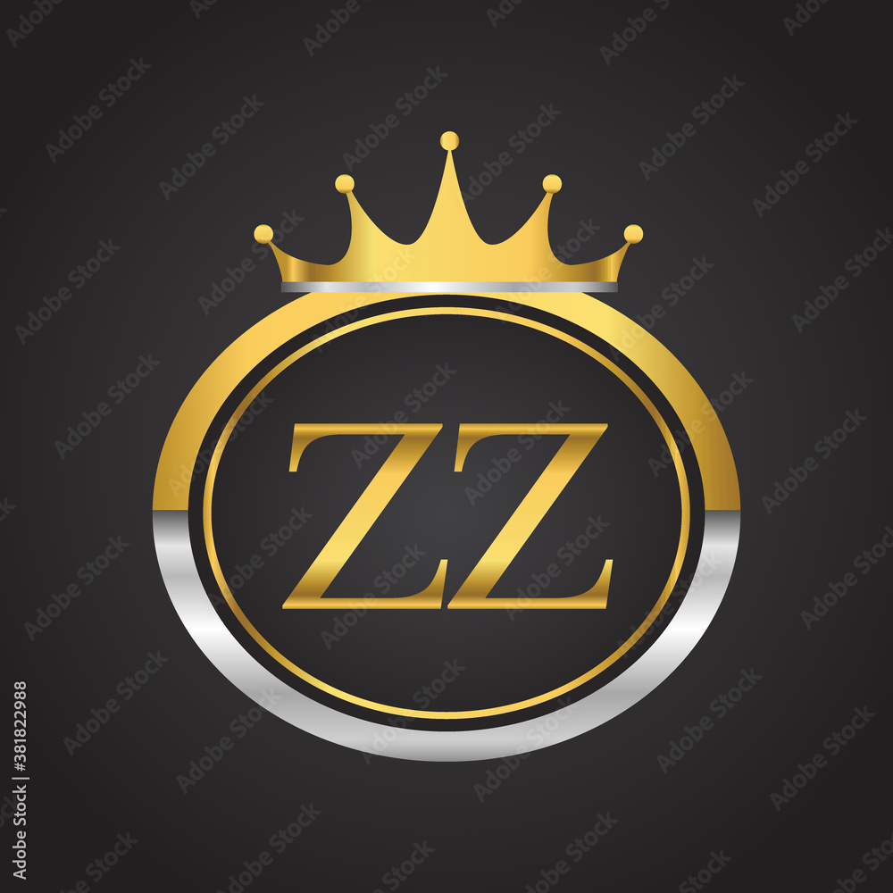 initial letter ZZ logotype company name with oval shape and crown, gold ...