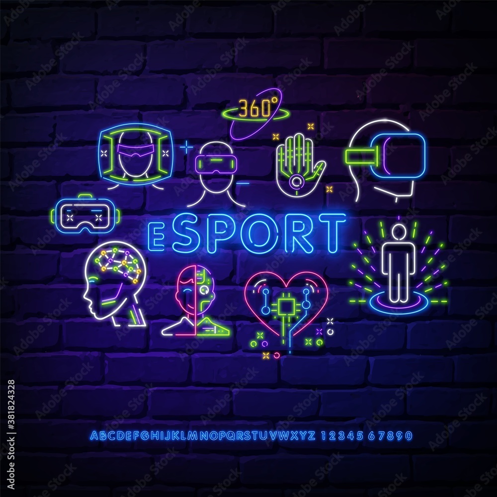 Esports neon light icons set. Videogame tournament. Game for player and ...