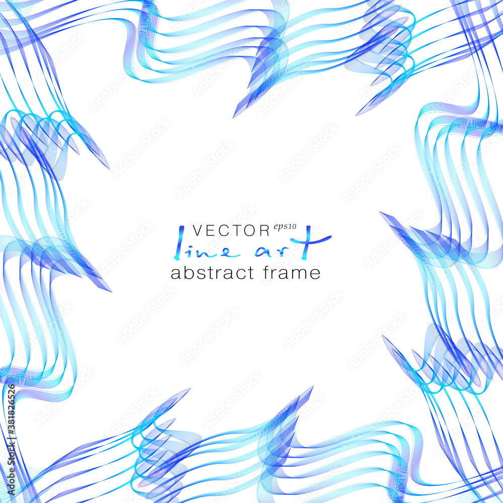 Blue wave frame of line art design. Abstract border with stylized sea ...