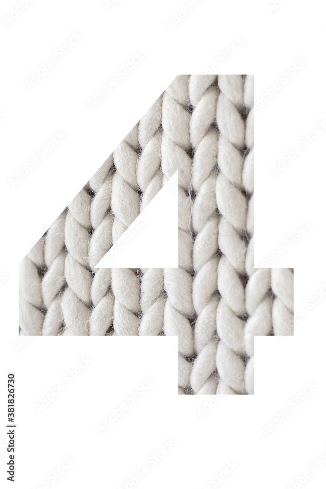 Number " 4 " is a knitted number isolated on a white background ...